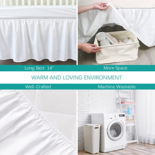 Crib Bed Skirt 4 Sides Pleated Dust Ruffle for Baby Boys Girls Elastic Adjustable Fit Toddler Bedskirt Easy On/Off Soft Nursery Standard Crib Bedding Skirts Solid White Crib Skirt