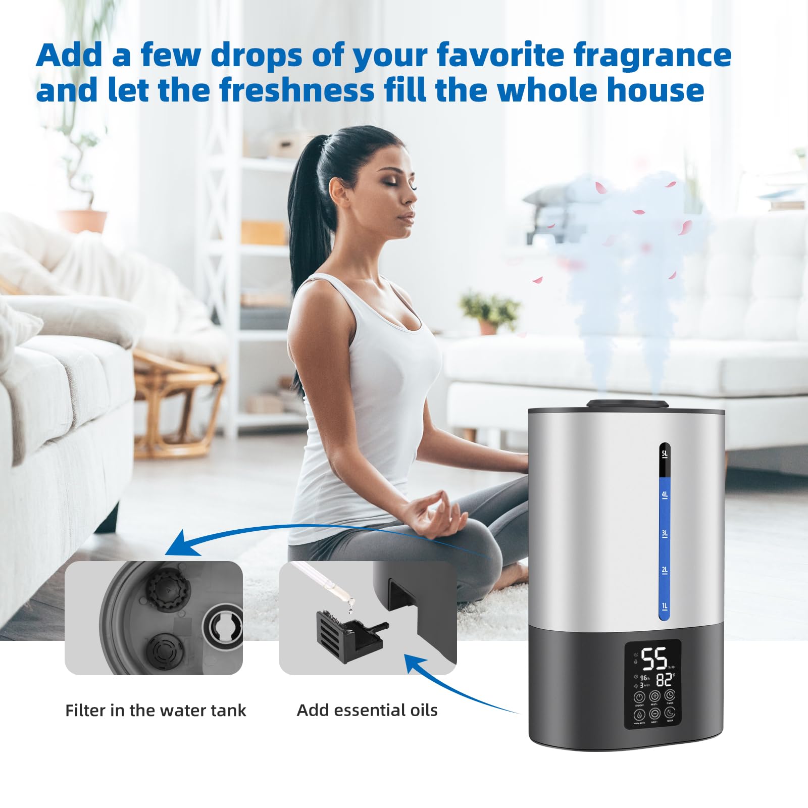 5L Humidifiers for Bedroom and Plants, Ultrasonic Cool Mist Humidifiers for Baby home Mist Top Fill Desk Humidifiers Essential Oil Diffuser, Quiet Humidifiers with Adjustable Mist,360°Nozzle-Gray