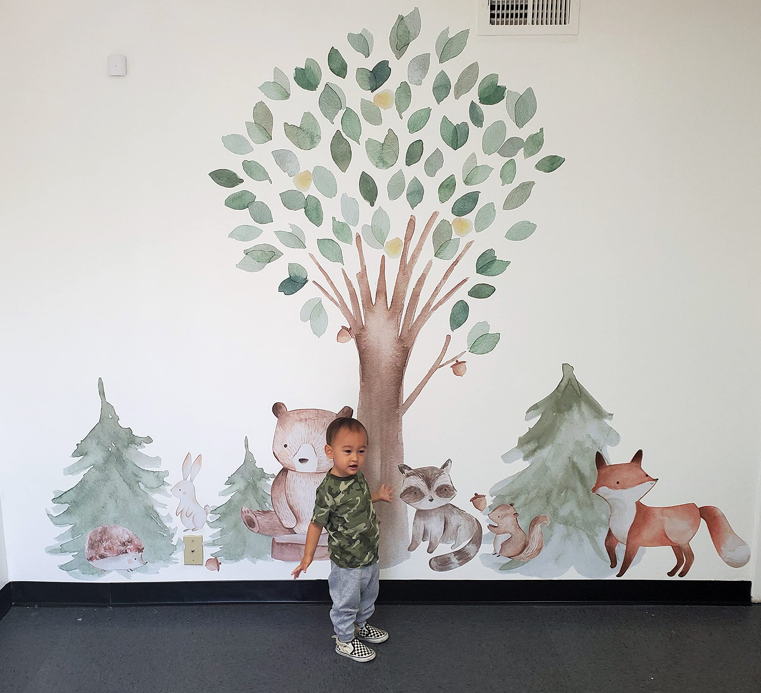 InnovativeStencils Woodland Watercolor Wall Decal Oak Pine Tree Animal Creatures - Bear, Fox, Raccoon, Rabbit, Squirrel, Porcupine Fabric Nursery Decals #3061 (84" Tall Tree (Including Leaves))