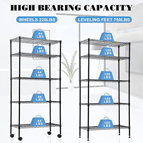 Dlewmsyic Wire Shelving with Wheels, 5 Layer 750 Lbs Capacity 60" Hx30 Lx14 W Metal Storage Shelf, Black
