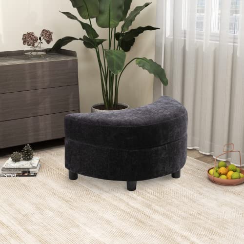 32.7" W Half Crescent Moon Storage Bench, Chenille Upholstered Large Ottoman with Tray & Padded Seat, Serve As Side Table Dressing Shoe Bench Foot Rest for Living Room, Entryway, Hallway, Black