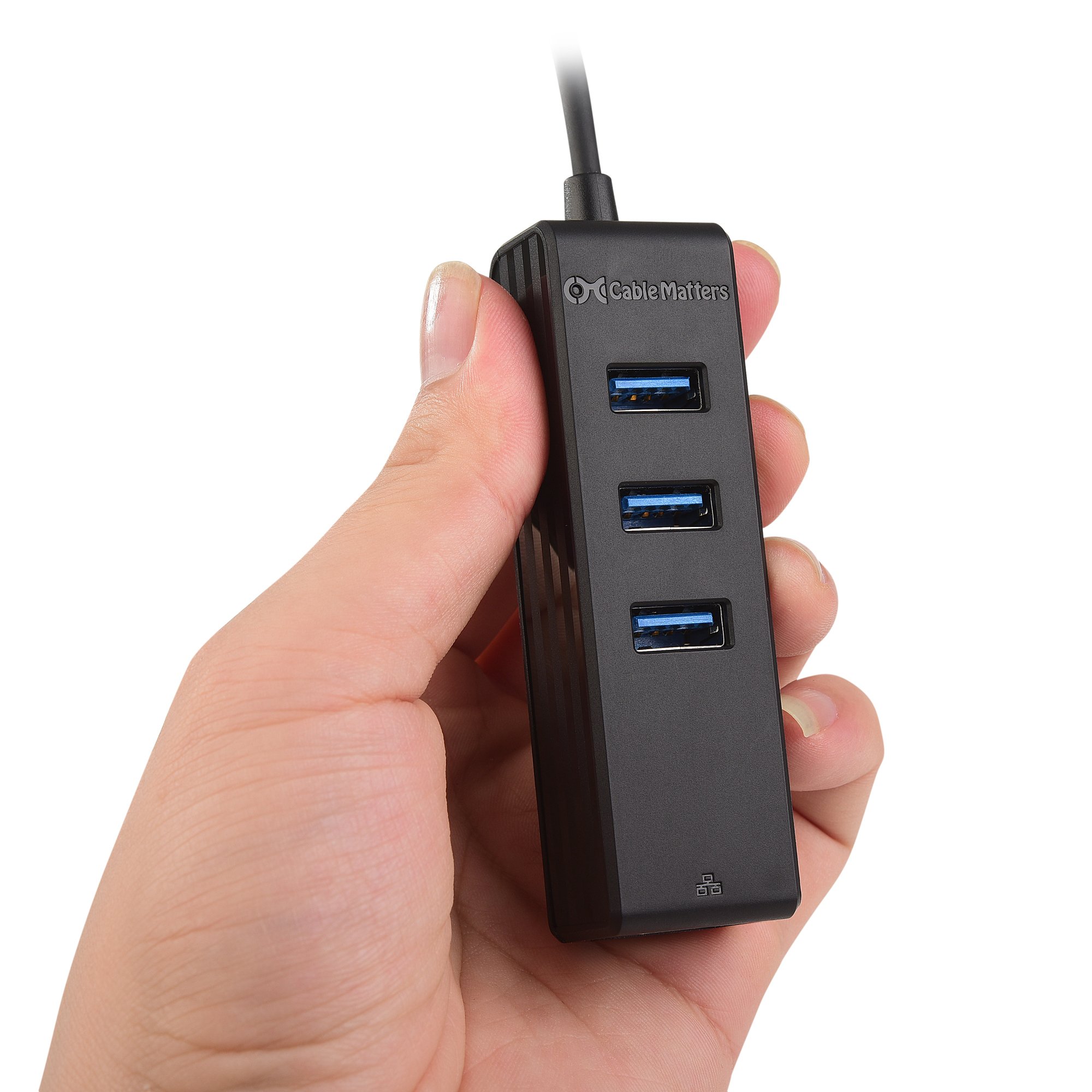 Cable Matters 4-in-1 USB Hub with Ethernet, Support Gigabit Ethernet (USB 3.0 Hub Ethernet, USB to Ethernet Adapter, Gigabit Ethernet USB Hub, USB Ethernet Hub) with 10/100/1000Mbps Network in Black