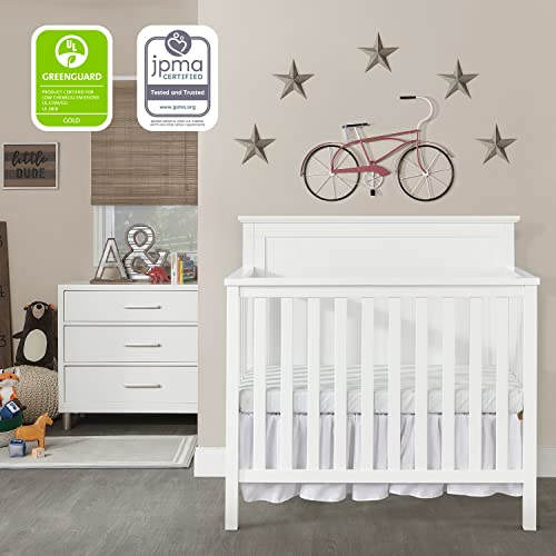 Dream On Me Ava 4-in-1 Convertible Mini Crib in White, Greenguard Gold Certified, Non-Toxic Finish, Comes with 1" Mattress Pad, with 3 Mattress Height Settings