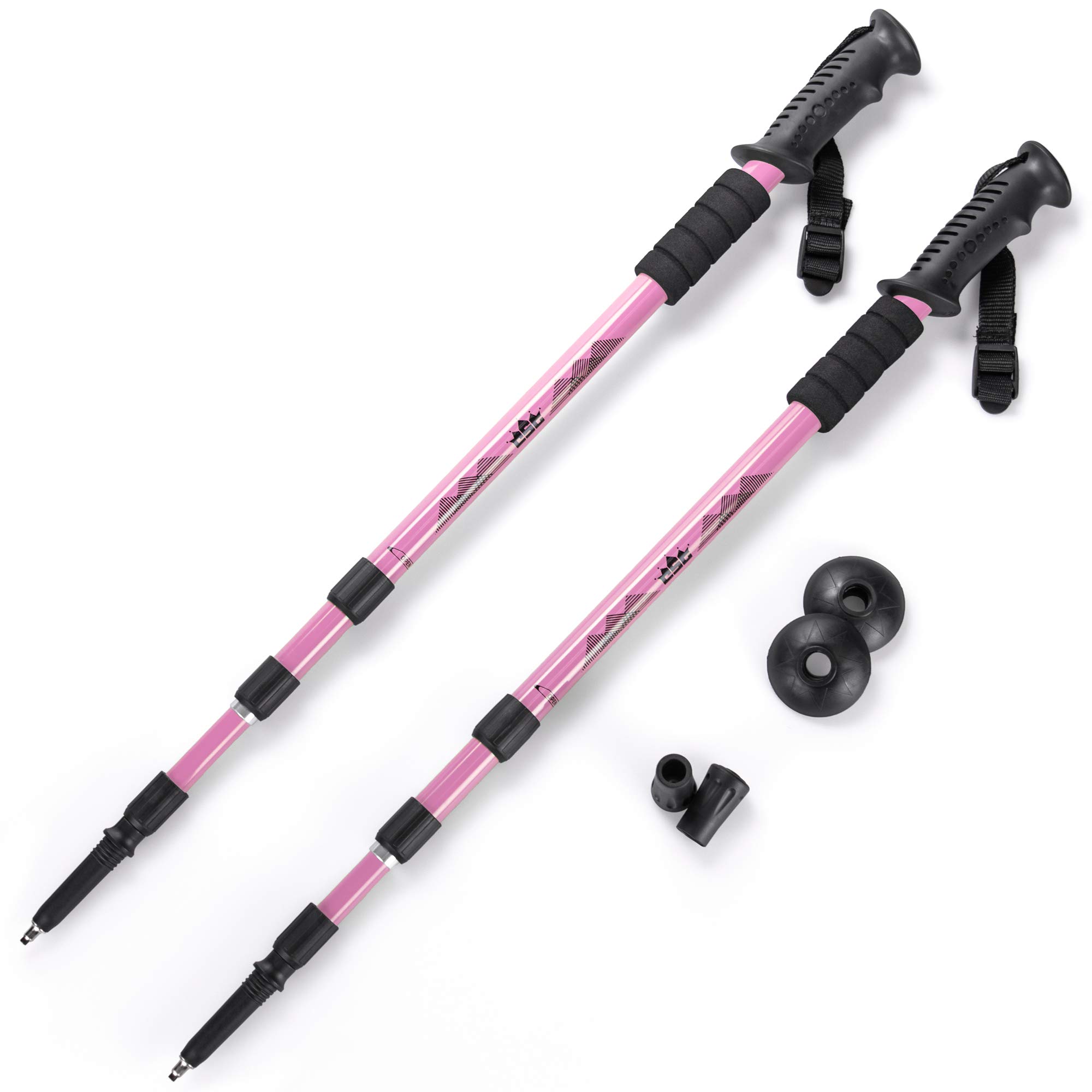 2-Pack Trekking Pole & Women's Walking Staff | Strong Lightweight Aluminum | Telescoping 53" Length Collapses to 23" | All-Terrain: Interchangeable Carbonite Ice Pick Tip, Rubber Tip, Snow Cap (Pink)