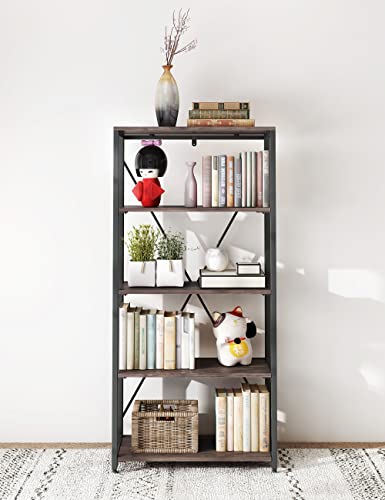 Bookshelf,5-Tier Folding Bookcase,Industrial Book Shelf,Rustic Wood Storage Shelves,Tall Bookshelf,Shelves For Bedroom,Office,Kitchen,Living Room,Study Room,No Assembly Folding Bookshelf,Black