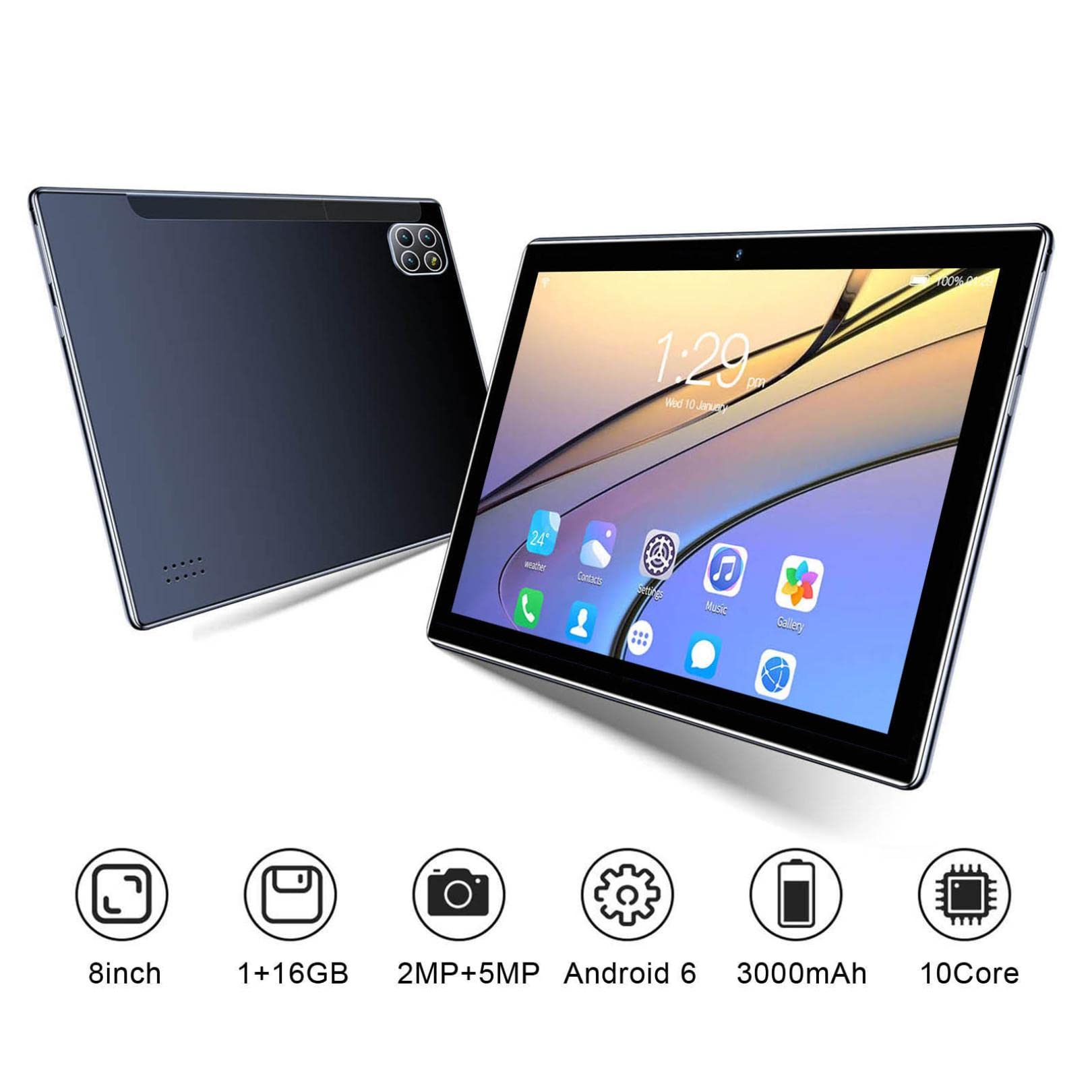 2022 New 8 Inch Android 6.0 Tablet 2.5d Octa Core 1g + 16g Android 6.0,Eye Protection,Dual Sim Dual Camera Phone Pad WiFi GPS Phablet Tablet Pc Us Plug,Best Gifts for Kids (Black)