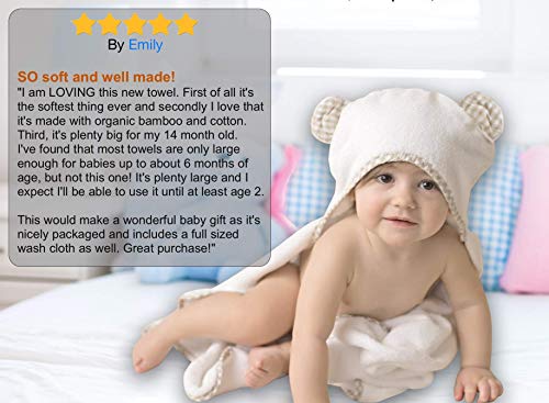 Channing & Yates Premium Hooded Baby Towel + (4 Piece) X-Large Washcloth Gift Bundle - Organic Bamboo Baby Towels and Washcloths- (Beige Gingham Bundle)…