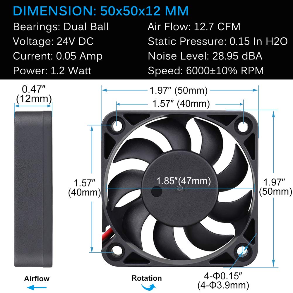 GDSTIME 50mm x 50mm x 12mm 24v Dual Ball Bearing Brushless Cooling Fan