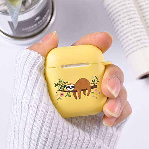 JOYLAND Yellow Case Cover for AirPod 1&2 w/Keychain Ring Carabiner Clip,Lovely Sloth Case Wireless Earphone Case Smooth Anti-dust Silicone Protective Cover Soft Skin Cute Case fr AirPods 1 & 2