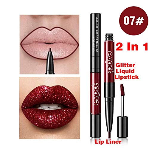 evpct 7Pcs Pink Red Glitter Matte Lip Liner and Liquid Lipstick Set Kit Long Lasting, Matte to Lip Glitter Metallic Dark Red Sparkle Sparkly Glossy Permanent Liquid Lipsticks Lip Gloss Set for Women