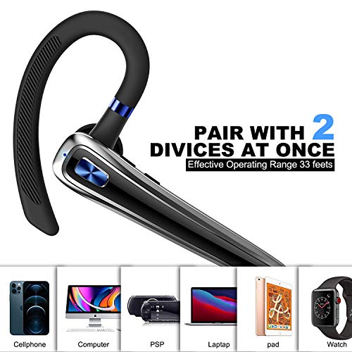 MQQC Bluetooth Headset V5.0 Wireless Bluetooth Earpiece,Hands-Free Earphones with Noise Cancellation Mic for/Business/Office/Driving, Compatible with iPhone and Android(Blue)