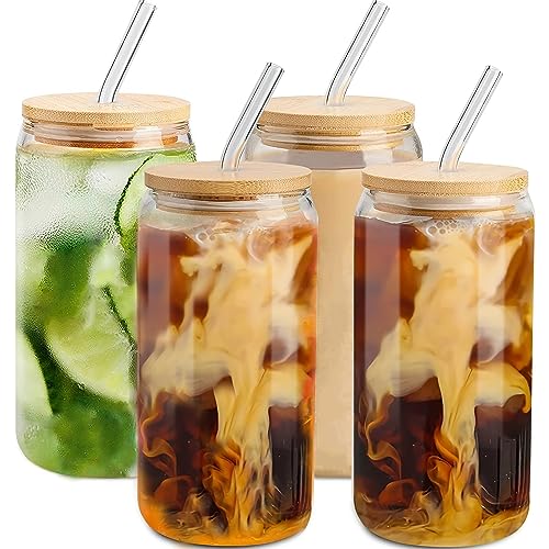 Benestanti Glass Cups with Bamboo Lids and Straws 4 pcs Set,16 oz Drinking Glass Tumbler with Straw and Lid,Iced Coffee Cups with Lids,Smoothie Cups,Ideal for Beer Cocktail Whiskey Tea Juice Gift