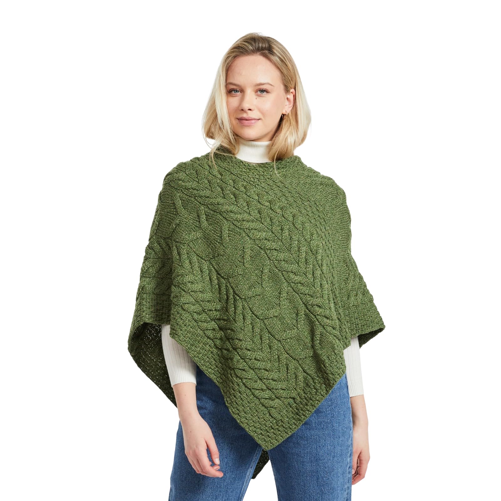 Aran Woollen Mills 100% Irish Merino Wool Ladies Aran Knit Poncho, Made in Ireland, Women's Poncho Wrap, One Size Meadow Green