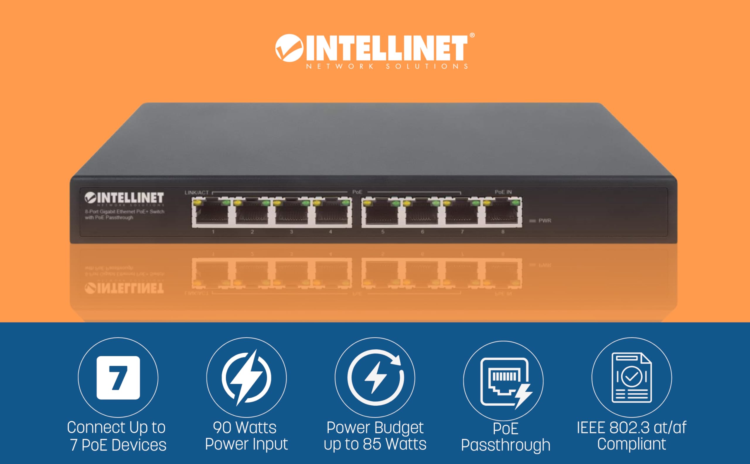 Intellinet 8-Port Gigabit Ethernet PoE+ Switch with PoE Passthrough - 85W PoE Budget, 30 W per Port, 16 Gbps Switch Fabric - 3 Yr Mfg Warranty-561679