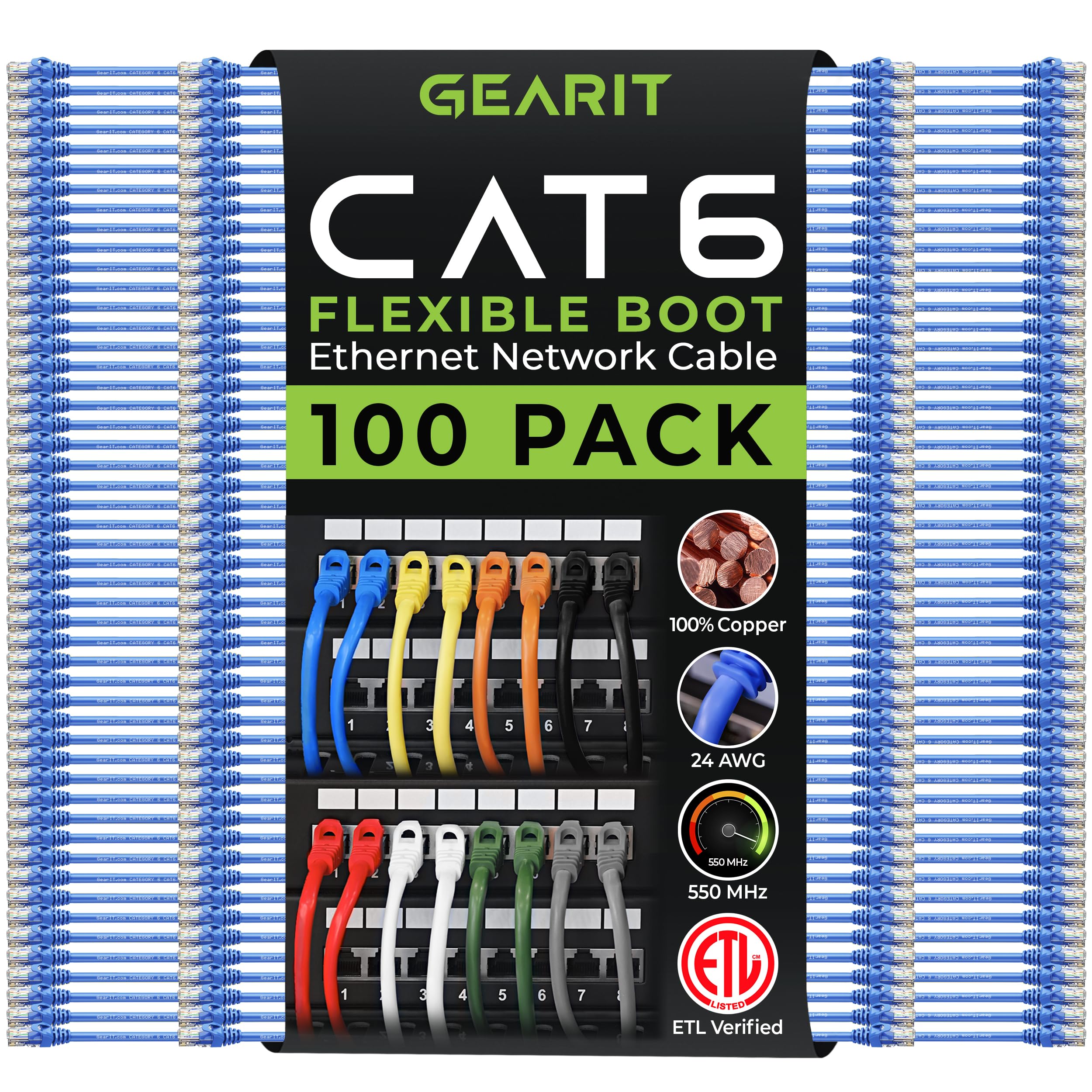 GearIT 100-Pack Cat6 Patch Cable 3 Feet Cat 6 Ethernet Cable Snagless Flexible Soft Tab - Preimum Series - Blue
