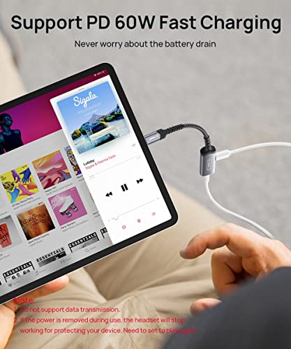 JSAUX USB C to 3.5mm Headphone and Charger Adapter, 2-in-1 USB C to AUX Mic Jack with PD 60W Fast Charging for Stereo, Earphones,Compatible with Galaxy S20/S21/S22 Note 20/10, Pixel 2/3/4 XL,-Grey