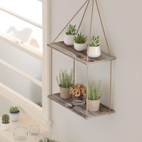J JACKCUBE DESIGN Hanging Shelves Wall Plant Shelf Floating Shelves with Rope for Bedroom Bathroom Living Room Farmhouse Boho Room Decor, Triangle Rope Rustic Wood Display Shelf(Set of 2) - MK555AA