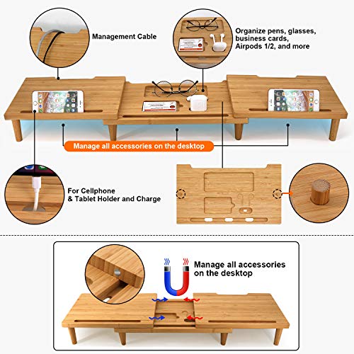 Pezin & Hulin Bamboo Dual Monitor Stand Riser for Desk Organizer, Adjustable Length and Angle Multi(1/2/3) Screen Stand, Office Wood Desktop Stand Storage for Computer, Laptop, PC, Printer, Notebook