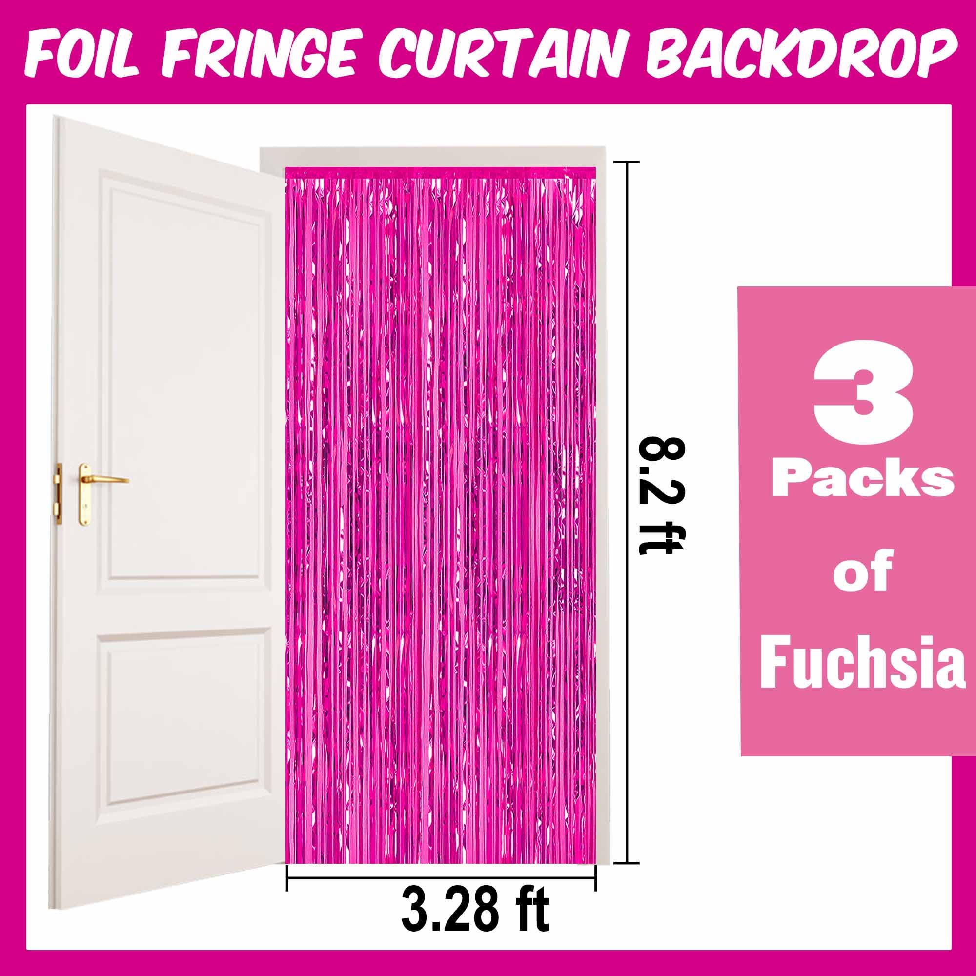 3 Pack Fuchsia Foil Fringe Curtains Backdrop, 3.28 x 8.2 Ft Metallic Streamers Tinsel Curtains Background for Photo Booth, Birthday, Halloween, Christmas, Thanksgiving, New Year Party Decorations