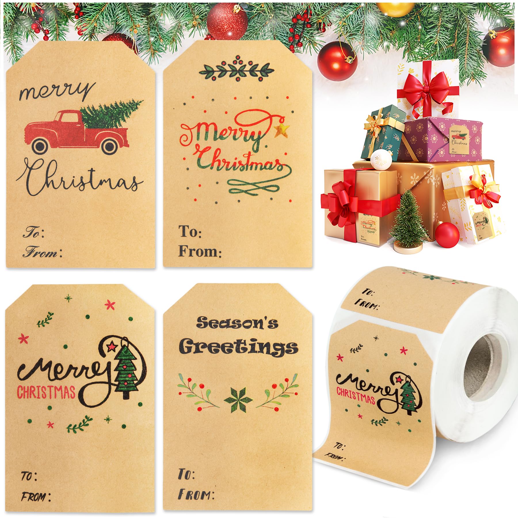 Merry Christmas Gift Tag Stickers, 360 Pieces Tags Self-Adhesive Holiday Present Xmas Decorations, Christmas Labels for Envelopes Seals Cards Boxes