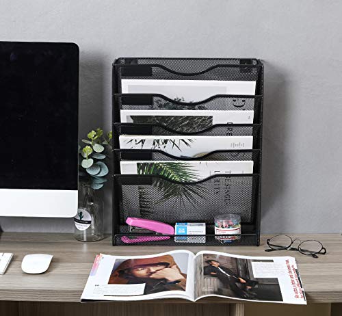 EasyPAG Mesh Wall Hanging File Organizer Holder 5 Tier Vertical Pocket Magzine Rack with Tray | Sides Closed ,Black