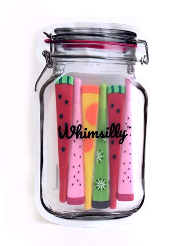 Fruit Shaped Pens Set of 6 and Reusable Mason Jar Pouch, Silky Smooth Fine Tip Black Gel Ink Pens, Quality Molded Silicone Creates Whimsical Stationary for Office, School or Gift (1 Pack)
