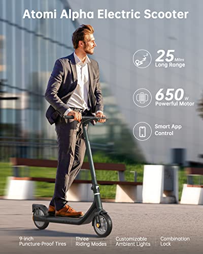 Atomi Alpha Electric Scooter Adults, 650W Motor Electric Scooter with 25 Miles Long Range, 19 Mph Speed, Colorful Ambient Lights, Combination Lock, Smart App, Folding Portable Adults Electric Scooter