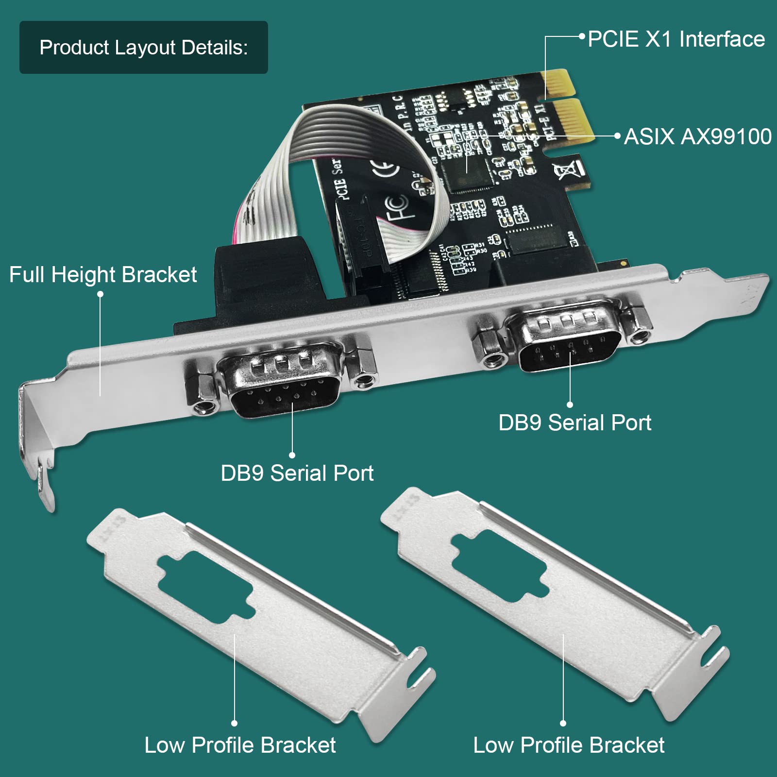 LinksTek 2-Port PCI Express RS-232 DB9 Serial Port Card for Windows XP, Vista,7, 8.x, 10, 11 32/64bit and Linux PCs, PCIE RS232 Card, PCIE Serial DB9 Port Card (PCIE-SE2)