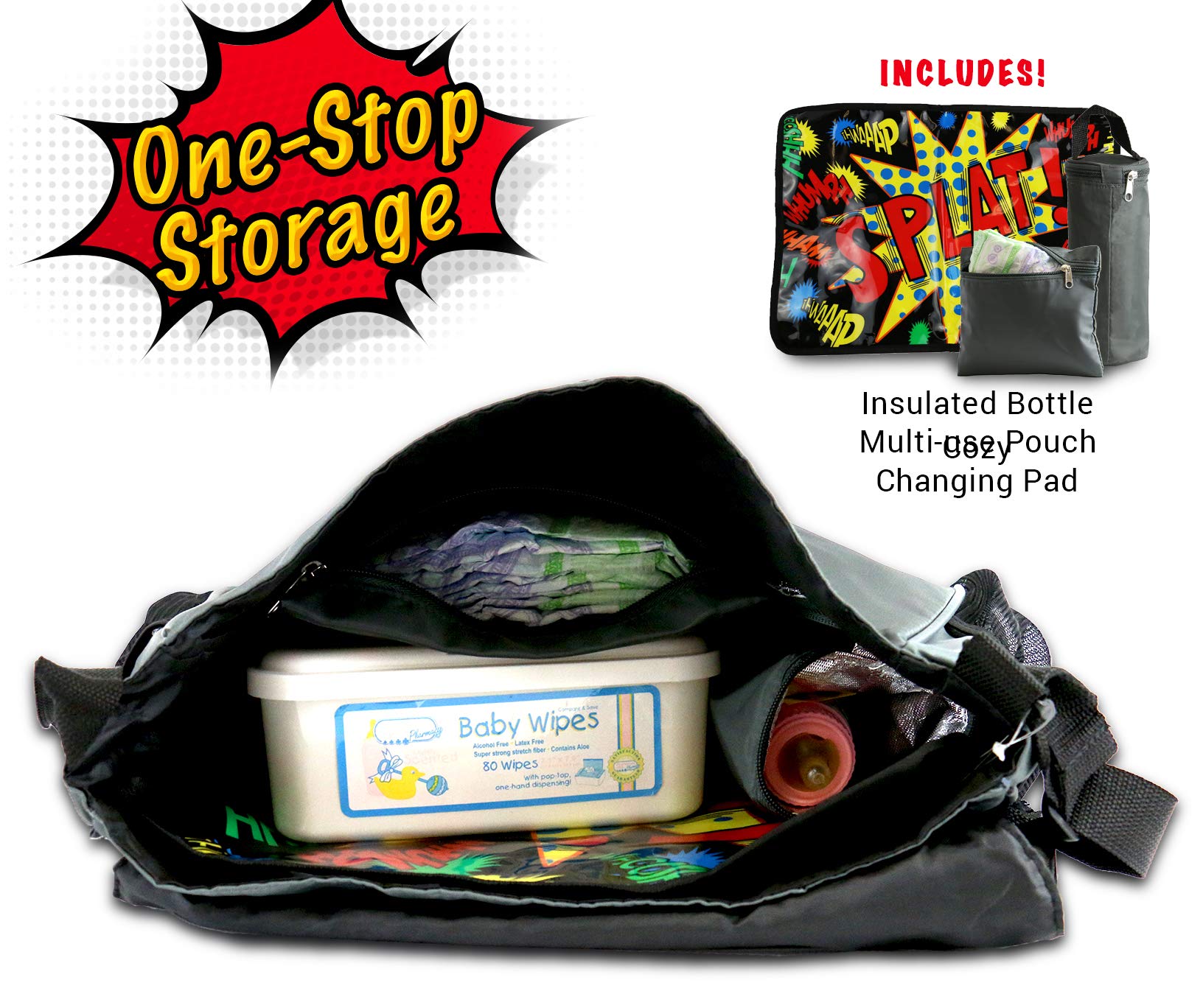 DC Comics Batman Grey Diaper Bag Includes Changing Pad and Bottle Pouch
