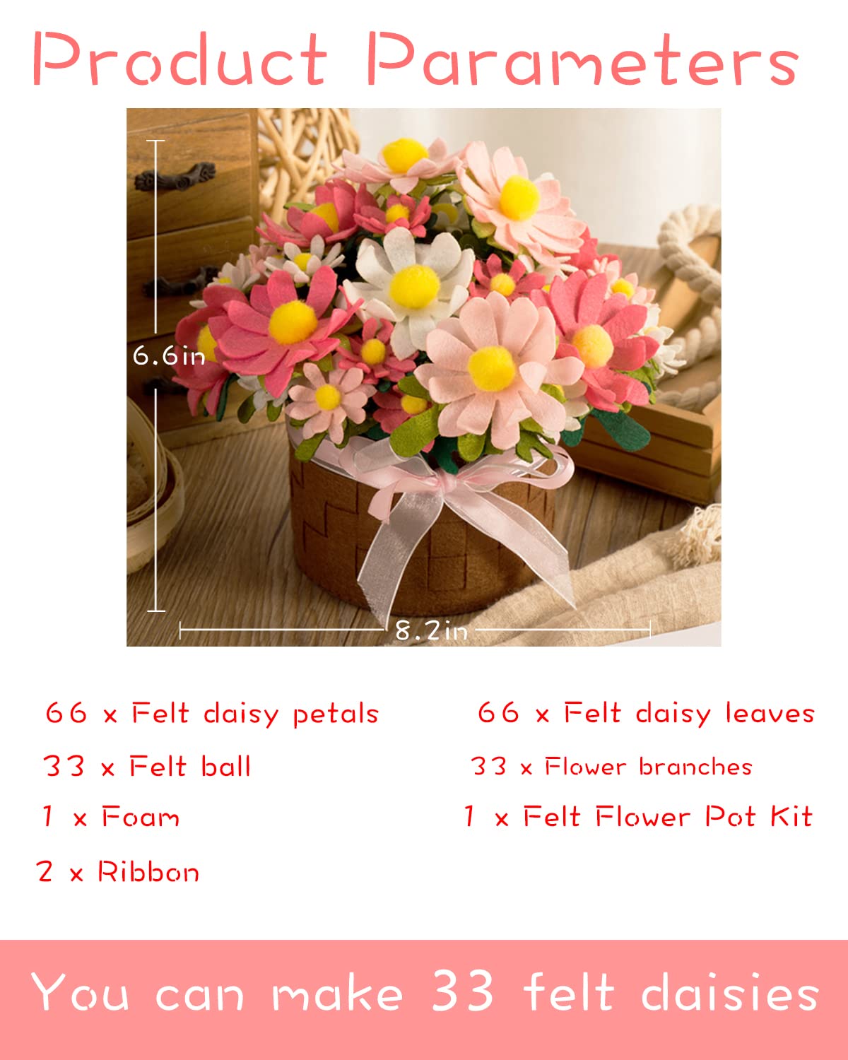 BAZIMA DIY Felt Flower Art Craft Kit, DIY Felt Daisy Pot Bonsai Kit, 33 Daisies,Floral Gifts,Beginner Craft Kit,Arrange Pre-Cut Felt Flowers and Foliage