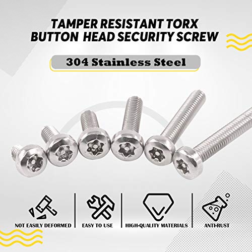 Hilitchi 90Pcs 6Sizes M3 Button Head Torx Security Screws Stainless Steel Tamper Proof Screws w T10 Bit, M3x4/6/8/12/16/20