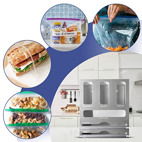 Acrylic Ziplock Bag Storage Organizer For Kitchen Organization Compatible with Gallon, Quart, Sandwich & Snack Variety Bags with Plastic Wrap, Aluminum Foil Dispenser & Cutters with Labels 6 IN 1