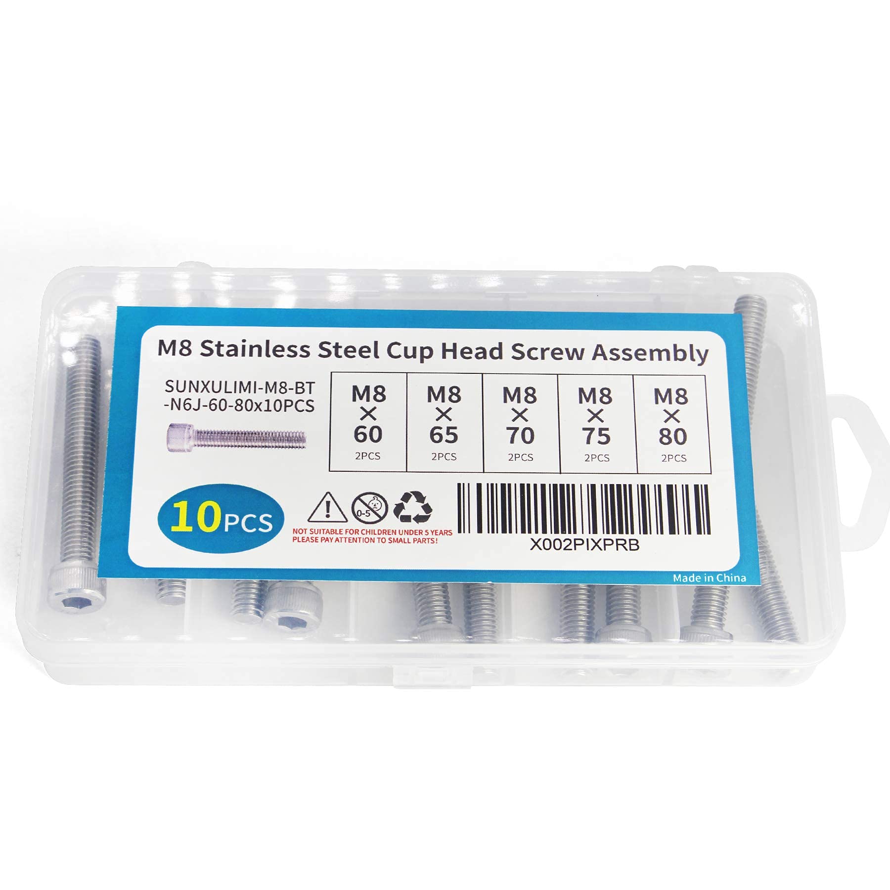 M8 x 60mm 65mm 70mm 75mm 80mm Hex Socket Head Cap Screws Bolts, 304 Stainless Steel, Bright Finish, Fully Threaded, Metric Allen Hex Drive, Assortment Kit 10PCS