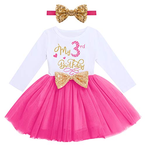 My 1st 2nd 3rd Birthday Party Dress for Baby Girl Princess Pageant Party Sequin Bow Tutu Dress Headband Infant Toddler Playwear Dress Ruffle Skirt Cake Smash Outfit 001 Hot Pink - 3rd Birthday 3 Years