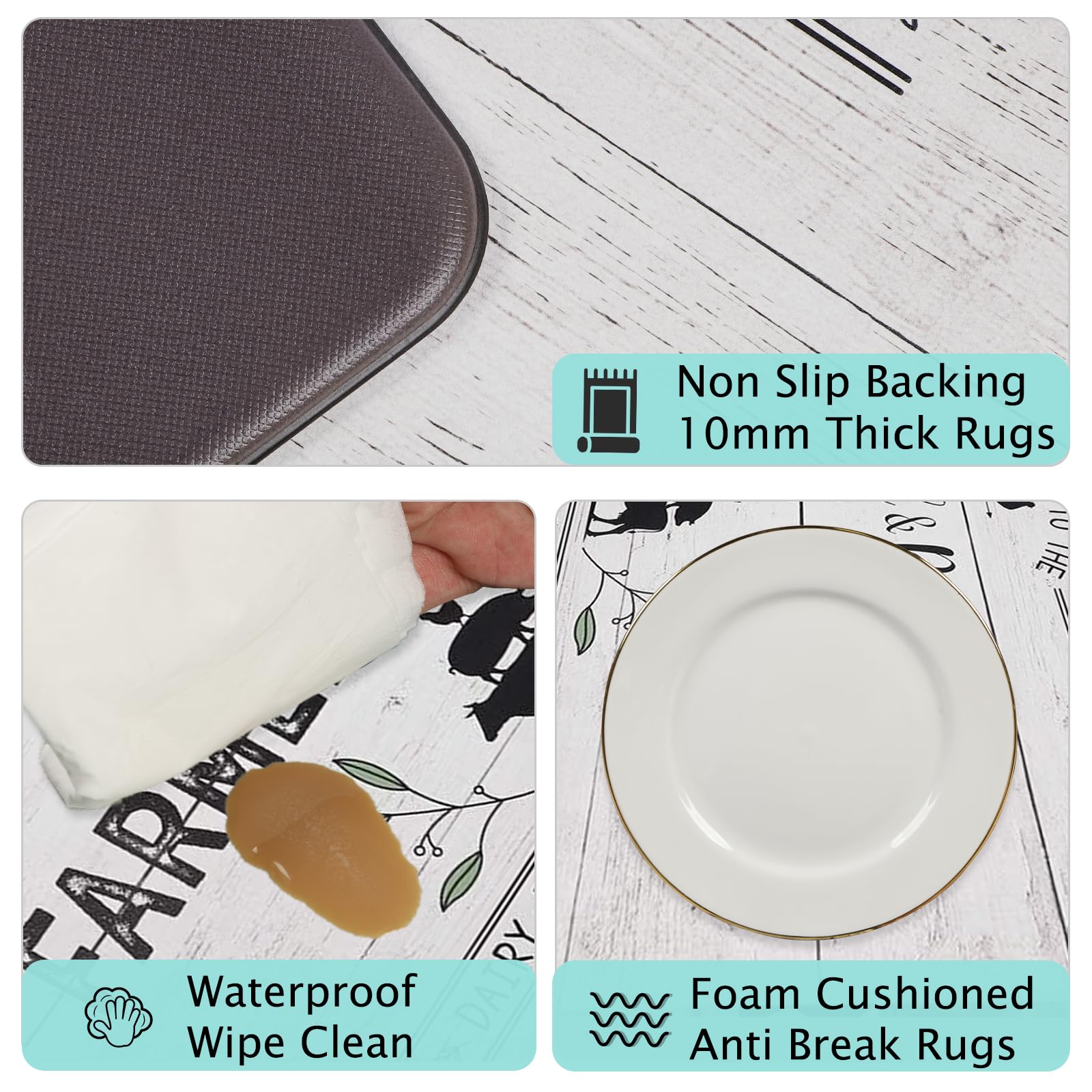 Falflor Farmhouse Anti Fatigue Kitchen Rug and Mats 2 Pieces PVC Leather Heavy Duty Standing Mats for Kitchen Sink Office Standing Desk Rug Wipe Clean