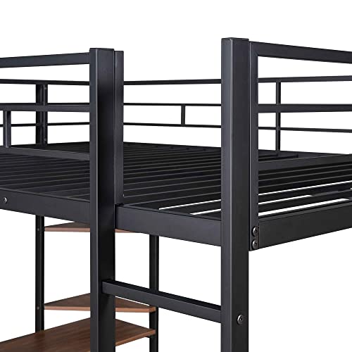 ATY Metal Full Size Loft Bed with 2 Shelves and 1 Desk, Sturdy Bedframe w/Two Ladders & Safety Rails for Kids Teens Adults, No Box Spring Needed, Black