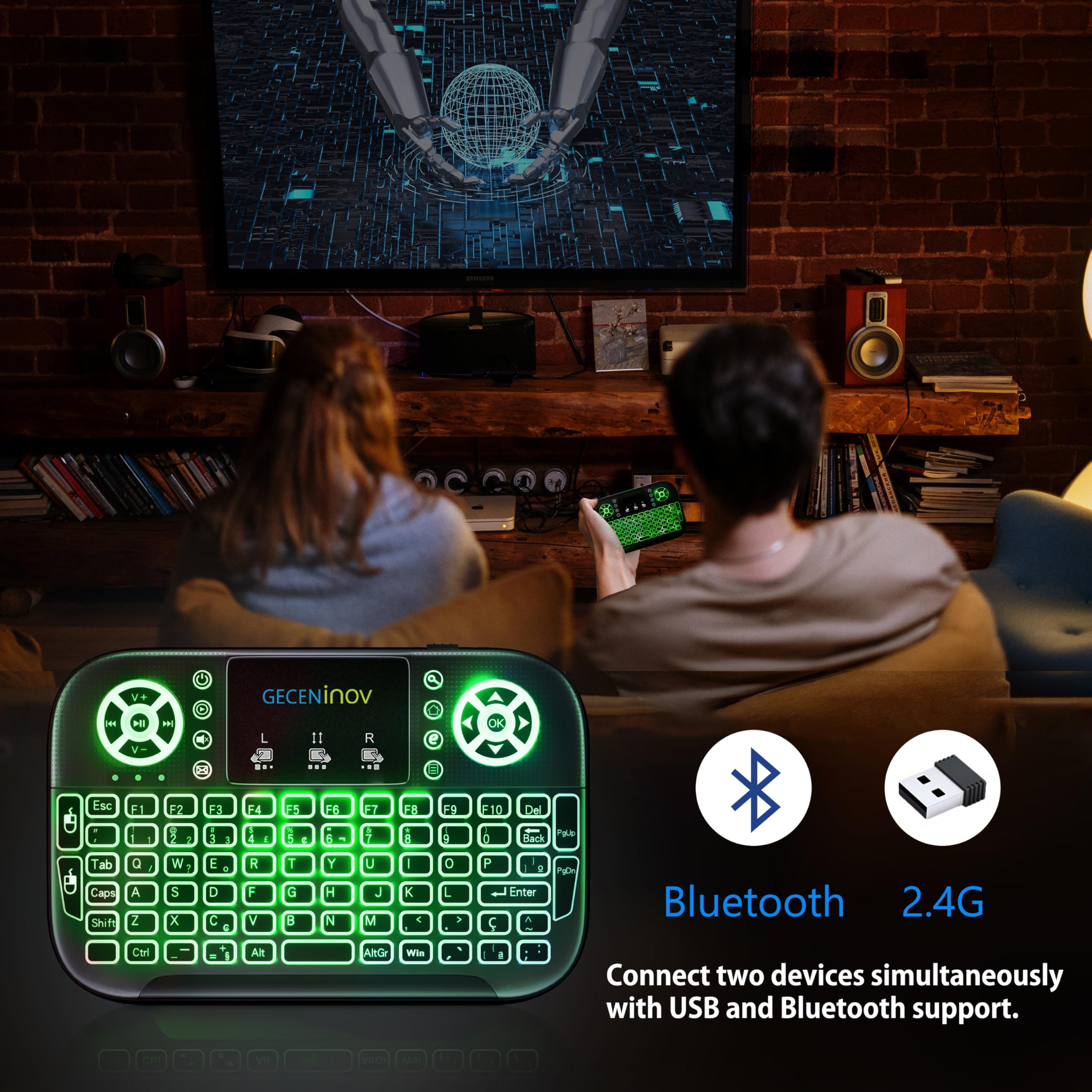 GECENinov Mini Wireless Touchpad Keyboard, Portable , 7 Colors RGB Backlit , 2.4G Rechargeable Remote Controller Mouse Combo, Compatible with PC, Laptops, Smart TVs, Gaming