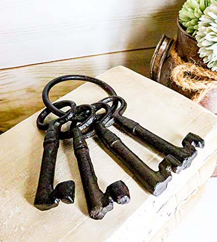 Ebros Gift Realistic Vintage Antique Design Cast Iron Jailer Keys Set of 4 On Ring Wall Accent Old World Halloween Costume Prop Pirate Skeleton Ship Jail Key Pack