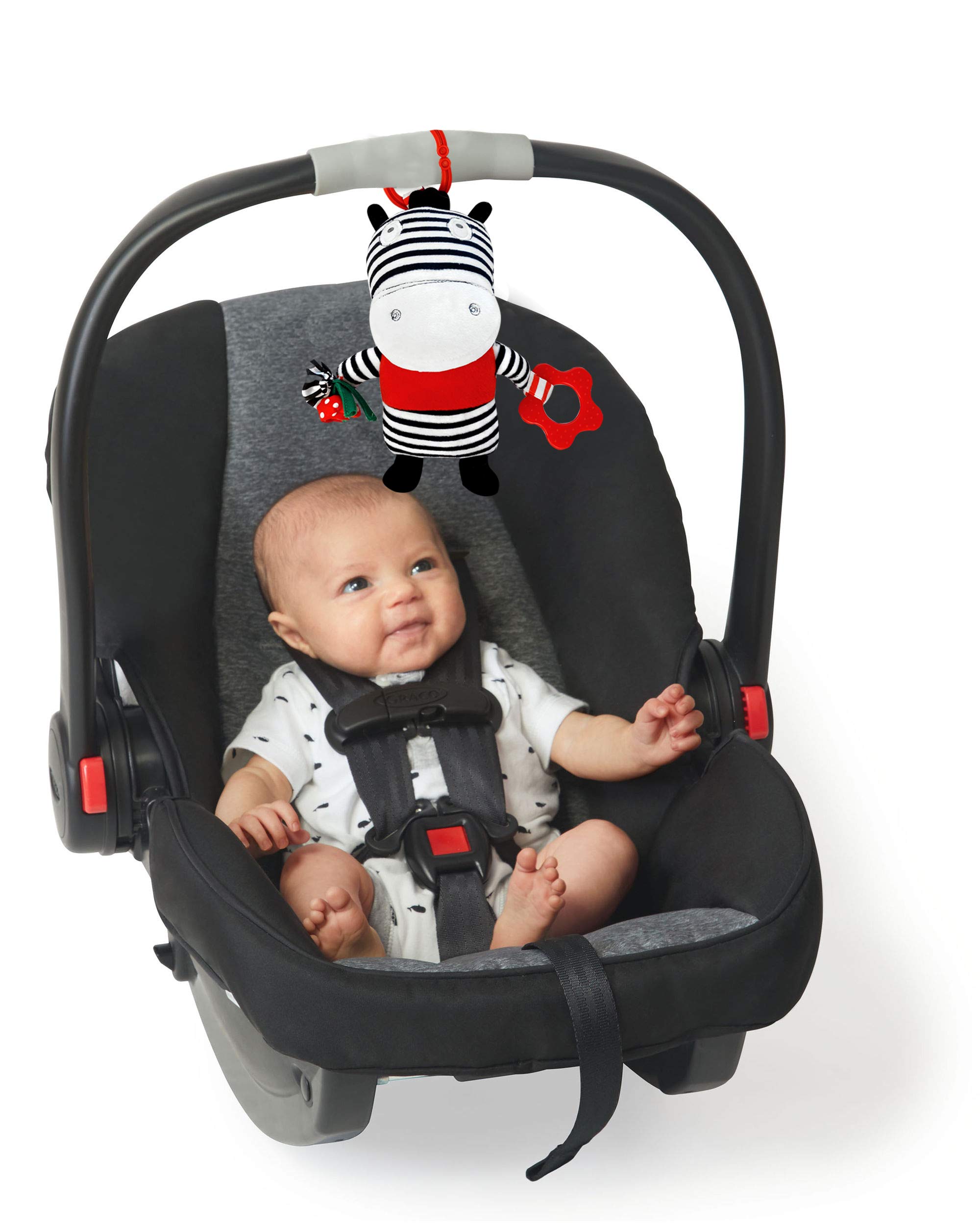 Genius Baby Toys Zebra Teether & Sensory Toy for Car Seat, Stroller in Black White Red for Baby