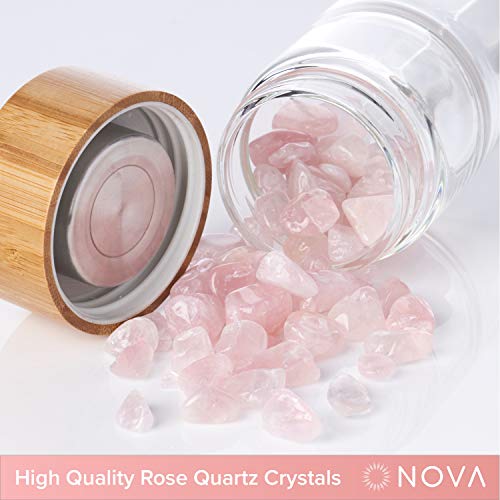 Crystal Elixir Infused Gem Water Bottle – Leak-Proof Lid – Bamboo Wellness Glass Includes Protective Sleeve and Removable Crystal – 15 oz (Rose Quartz)