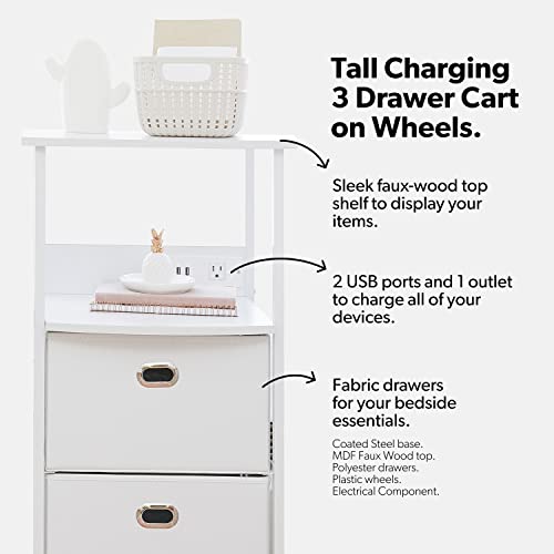 Dormify Storage Drawers Organizer on Wheels with Charging Station and USB Ports, Fabric Drawers for Clothes Storage Tower, Nightstand with Drawer Tower Organizer | Tall Skinny Dresser Closet | White
