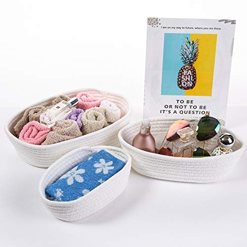 BQEE Cotton Rope Handmade Woven Home Storage Household Candy Toys Storage Basket Sundries Collection Box Candy Snack Food Tray SML Pack of 3 (Oval, White)