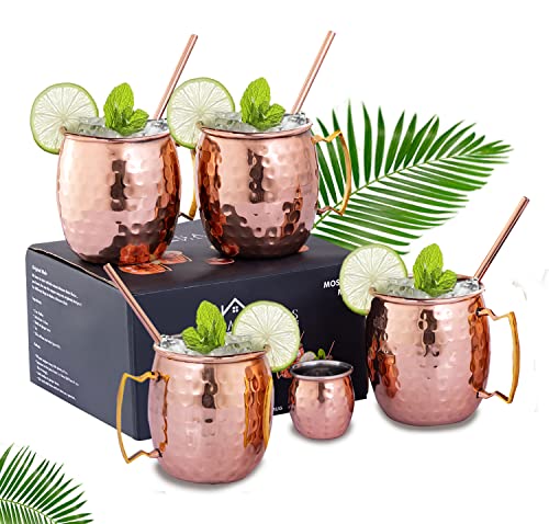 ARTISANS VILLAGE Moscow Mule Mugs | Set of 4 | Stainless Steel Lining | Pure Copper Plating | 100% Handcrafted Hammered Cups | Size 16 oz | With Premium Straws and Shot Glass