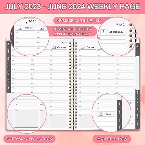 2023 2024 Academic Planner - Weekly and Monthly Planner with PU Leather Hardcover, Coated Month Tabs, Inner Pocket and Elastic Closure Band, 6"x8.5", Rose Gold