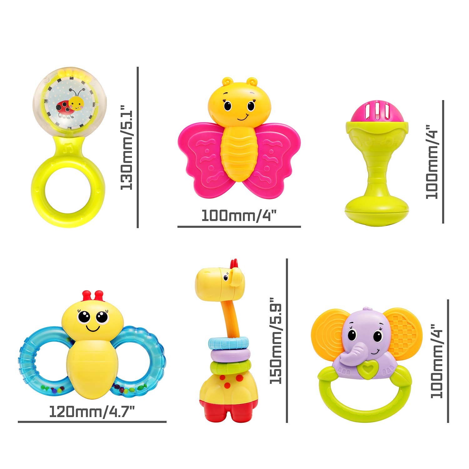 infunbebe Baby Rattles Teether Toy, Grab, Shaker & Spin Rattle, First Senses Shaking Bell Rattle Set for 3+ Months Infant, 6 Pcs