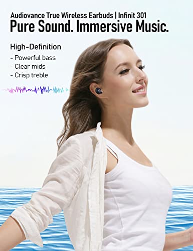 Audiovance IF301 Earbuds, Wireless Headphones Bluetooth Ear Buds for iPhone Android, Premium Sound, Immersive Music, Clear Calls, Noise Reduction, Wireless Charging, Waterproof, 23H Battery.