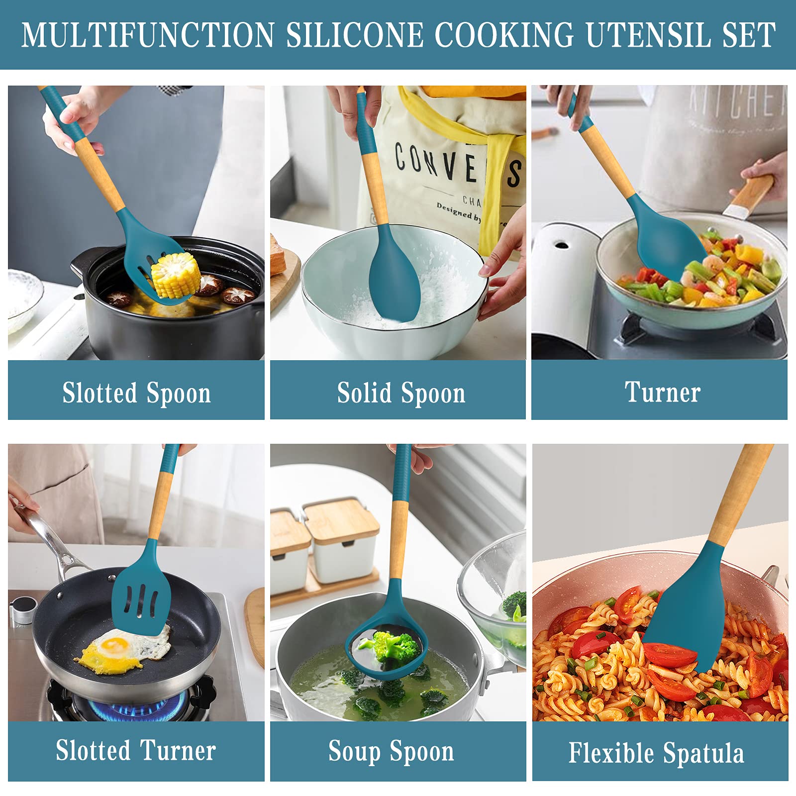 33 PCS Silicone Kitchen Utensils Set, Umite Chef Heat Resistant Cooking Utensils Set With Holder, Wooden Handle Kitchen Gadgets Tools Spatula Set for Nonstick Cookware(BPA Free & Khaki)