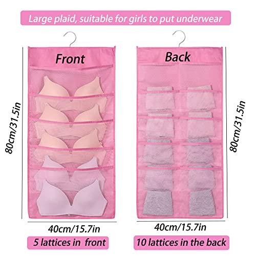 Anller Hanging Mesh Pockets, Dual Sided Wall Shelf Wardrobe Storage Bags, Closet Hanging Shelves with Rotating Metal Hanger, for Bra Socks Underwear Underpants, 2 Pack