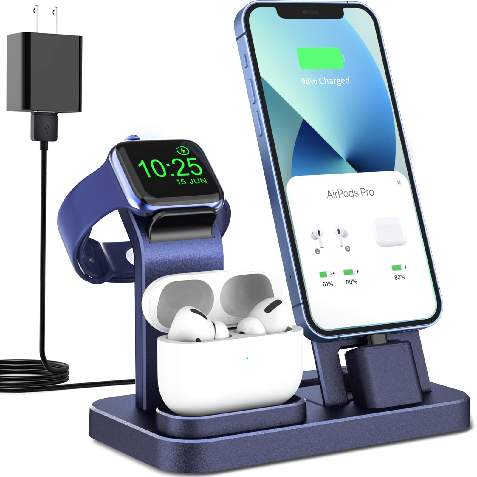 3 in 1 Charging Station for Apple Products, Removable Charging Stand for iPhone Series AirPods Pro/3/2/1, Charging Dock for Apple Watch SE/Ultra/8/7/6/5/4/3/2/1(with 15W Adapter and Cable)(White)