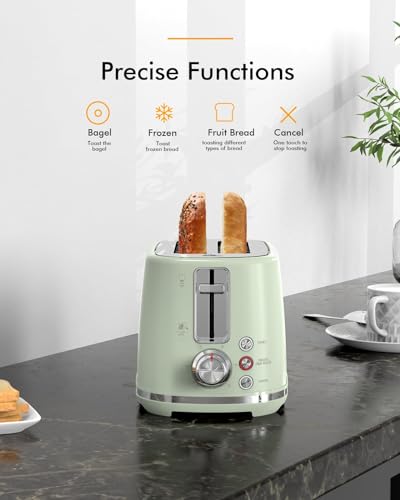 2 Slice Toaster with Extra Wide Slots & Removable Crumb Tray - 6 Browning Options, Auto Shut Off & Frozen Function, Toast Fruit Bread, Bagel & Waffle, Pastel Green